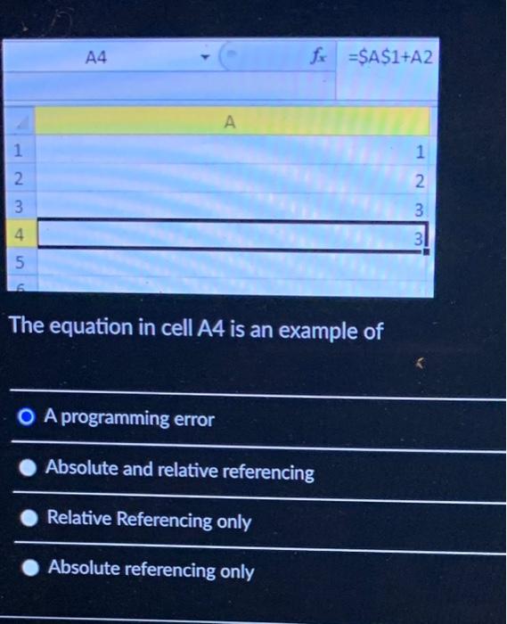 Solved The equation in cell A4 is an example of A | Chegg.com