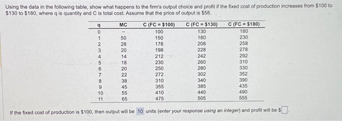 assume price is $58if the fixed cost of production is | Chegg.com