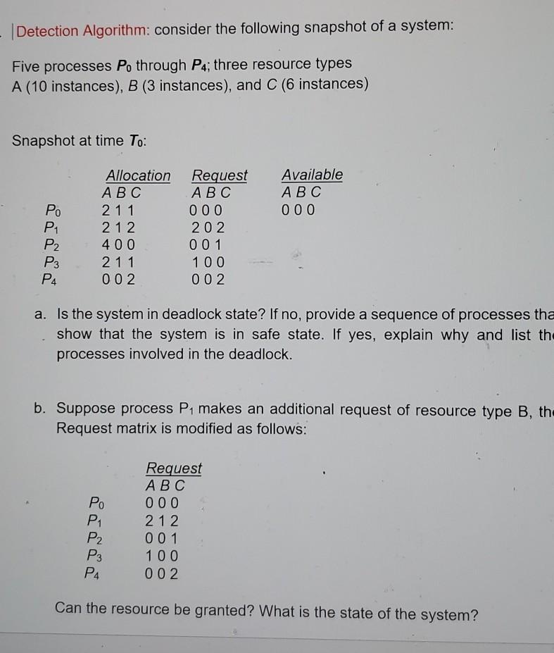 Solved Detection Algorithm Consider The Following Snapshot