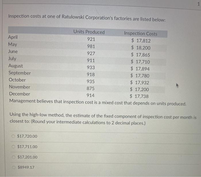 Solved 1 1 Inspection costs at one of Ratulowski | Chegg.com