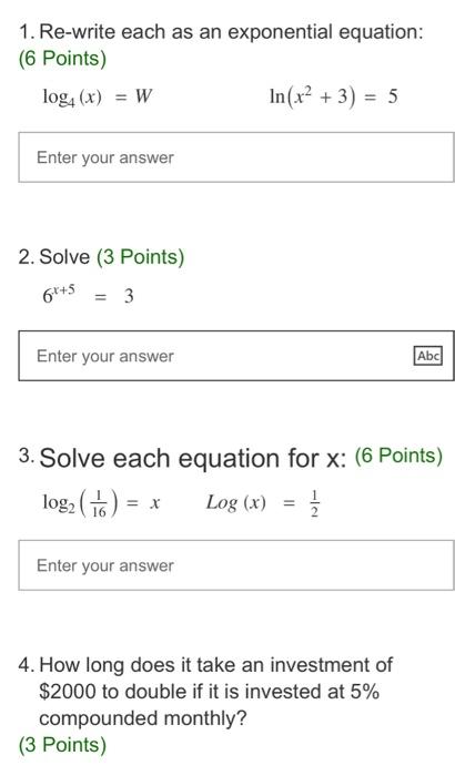 Solved 1. Re-write each as an exponential equation: (6 | Chegg.com