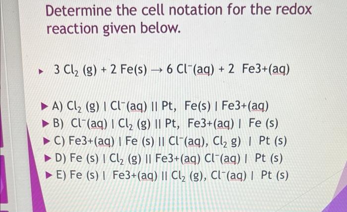 Solved Determine the cell notation for the redox reaction | Chegg.com