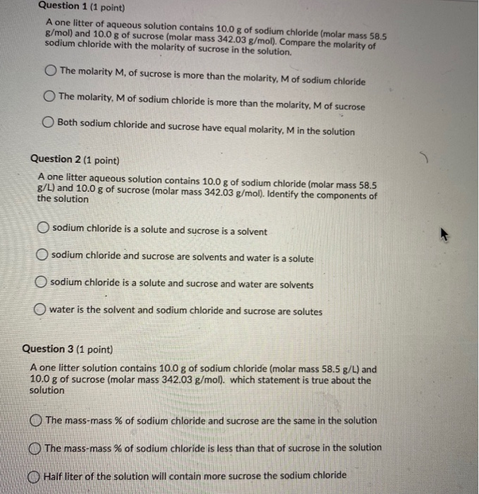 Solved Question 1 (1 point) A one litter of aqueous solution | Chegg.com