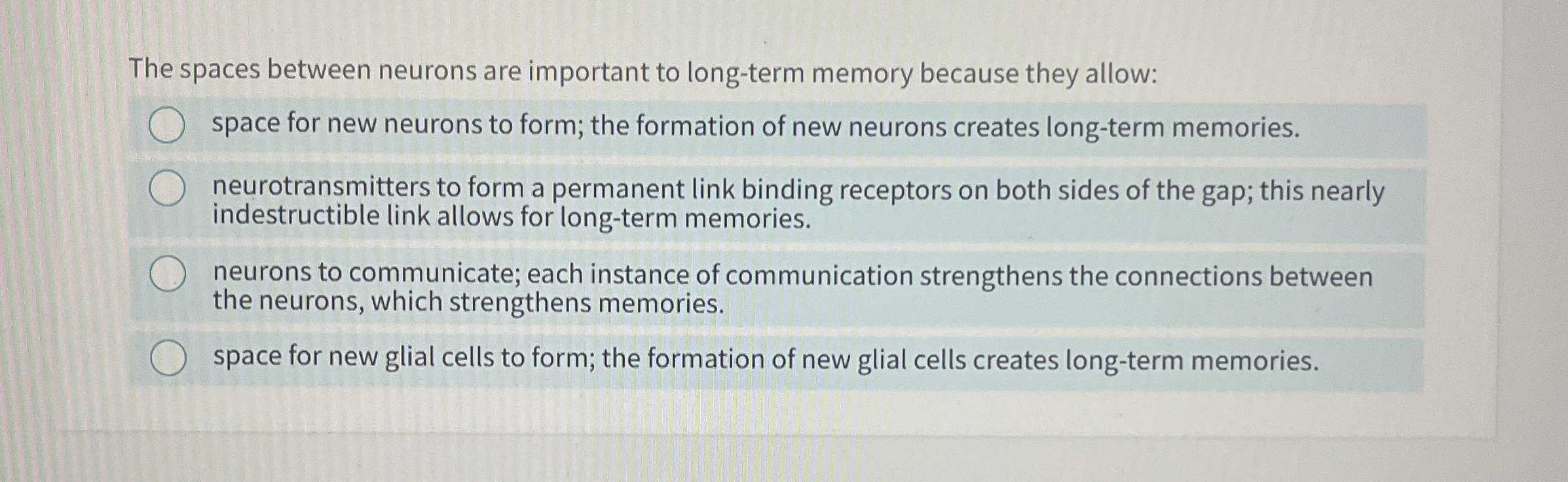 Solved The spaces between neurons are important to long-term | Chegg.com