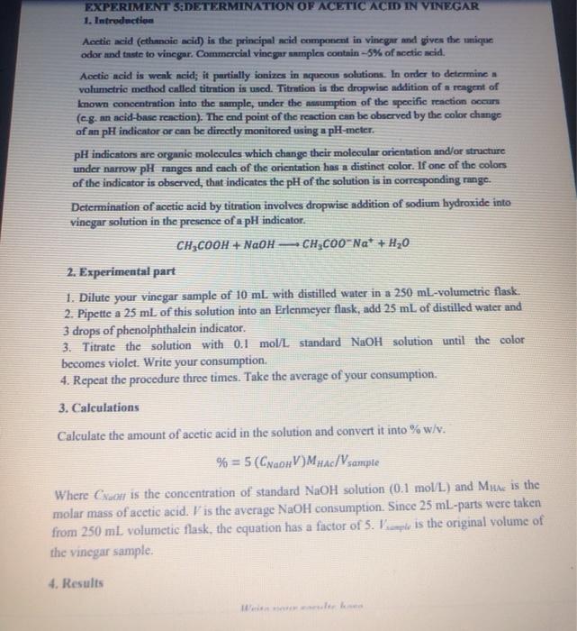 EXPERIMENT S:DETERMINATION OF ACETIC ACID IN VINEGAR | Chegg.com