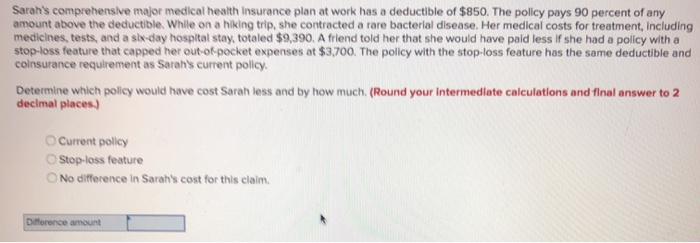 Solved Sarah's comprehensive major medical health insurance | Chegg.com