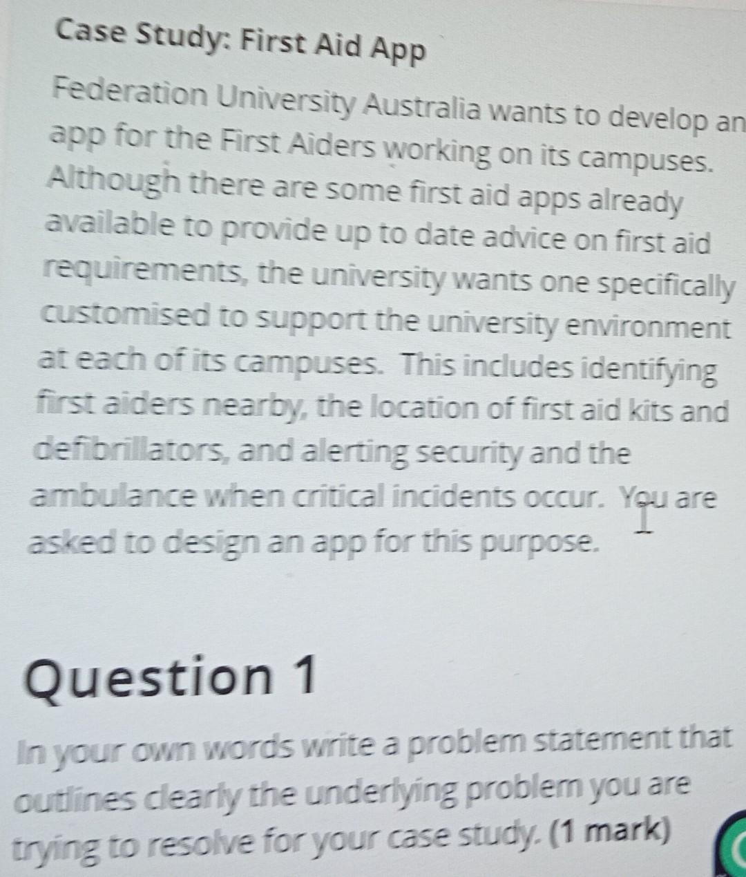 Case Study: First Aid App Federation University | Chegg.com