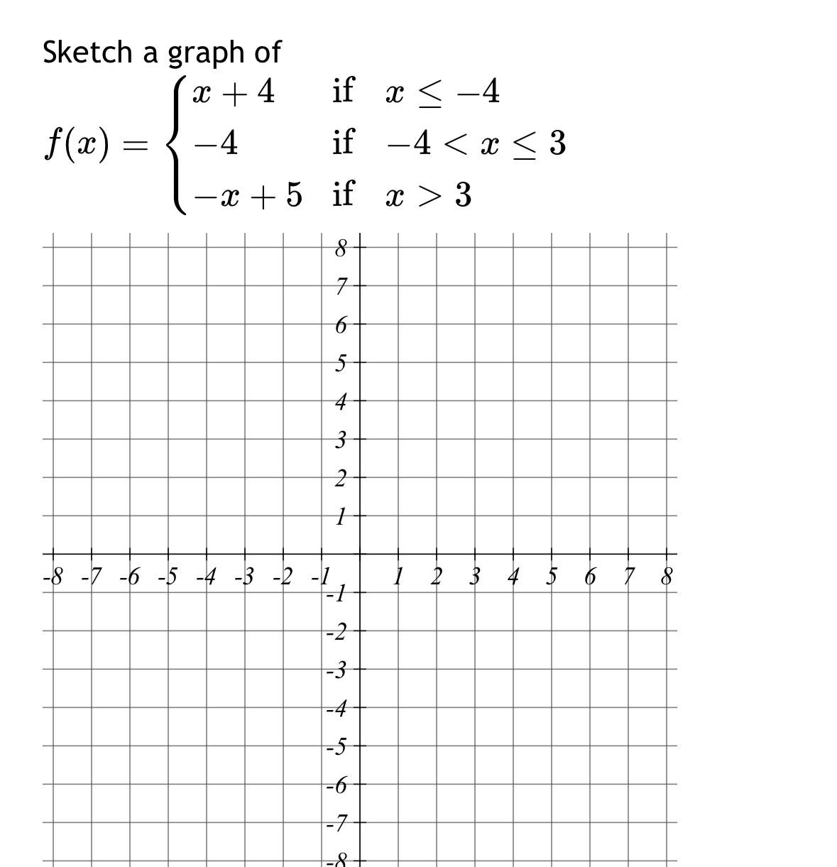 Solved Sketch a graph off(x)={x+4 if x≤-4-4 if -43 | Chegg.com
