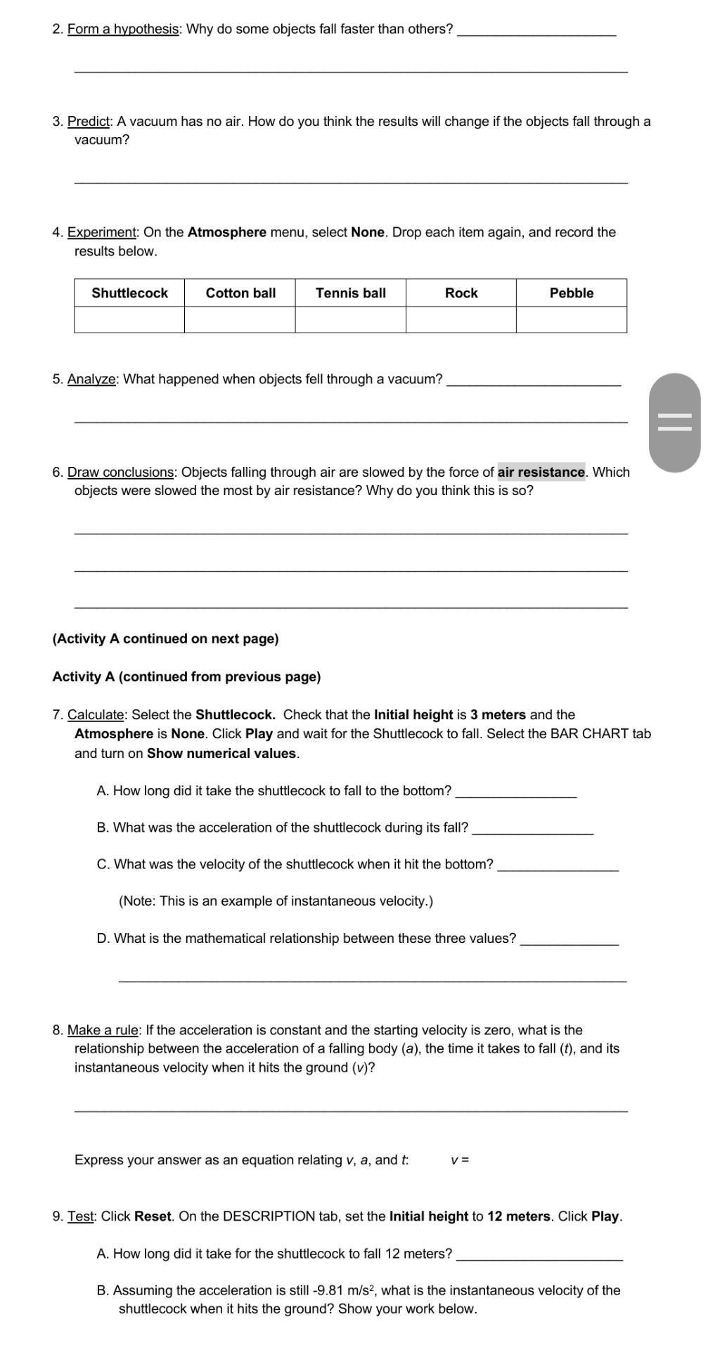 Solved Student Exploration: Free-Fall Laboratory Vocabulary: | Chegg.com