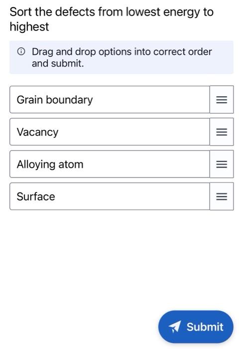 Solved Sort the defects from lowest energy to highest | Chegg.com