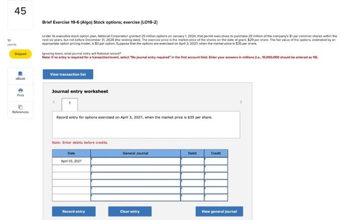 Solved Brief Exercise 19−6 (Algo) Stock options; exercise | Chegg.com