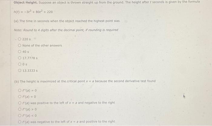 Solved Object Height. Suppose an object is thrown straight | Chegg.com