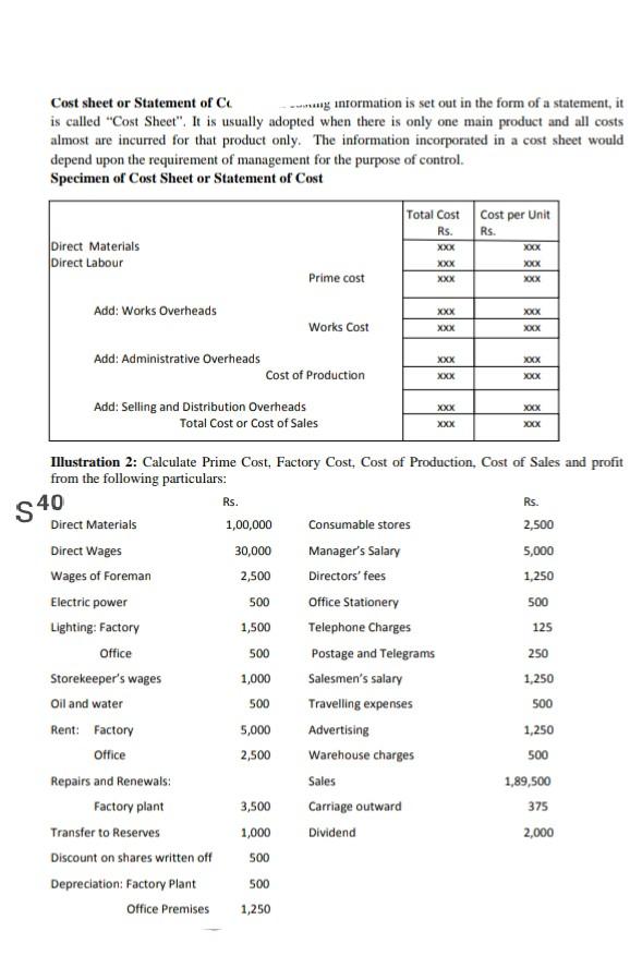 Solved Cost sheet or Statement of C www.information is set | Chegg.com