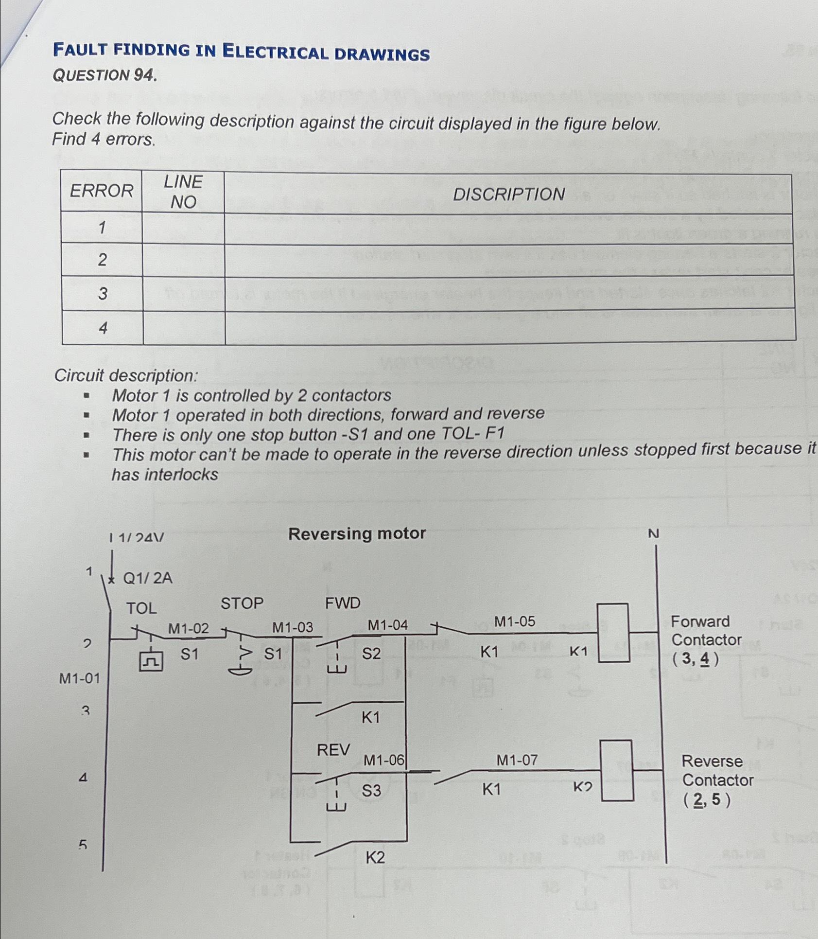 Solved FAULT FINDING IN ELECTRICAL DRAWINGS QUESTION | Chegg.com
