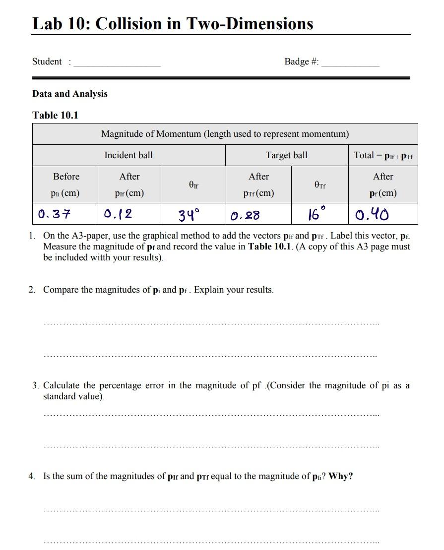 Lab 10: Collision in Two-Dimensions Objective | Chegg.com