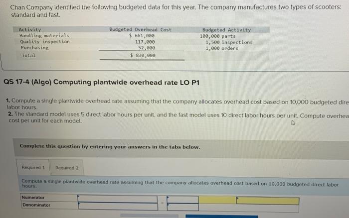 Solved Exercise 17-2 (Algo) Computing plantwide overhead | Chegg.com