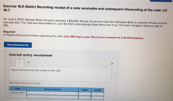 Solved Exercise 16.6 (Static) Recording receipt of a note | Chegg.com