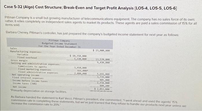 Solved Case 5-32 (Algo) Cost Structure; Break-Even and | Chegg.com
