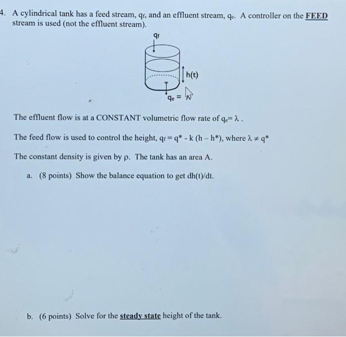 Solved 4. A cylindrical tank has a feed stream, qf, and an | Chegg.com