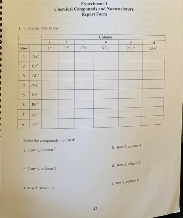 Solved 1. Fill in the table below: Row 1 2 3 4 5 6 7 8 Na | Chegg.com