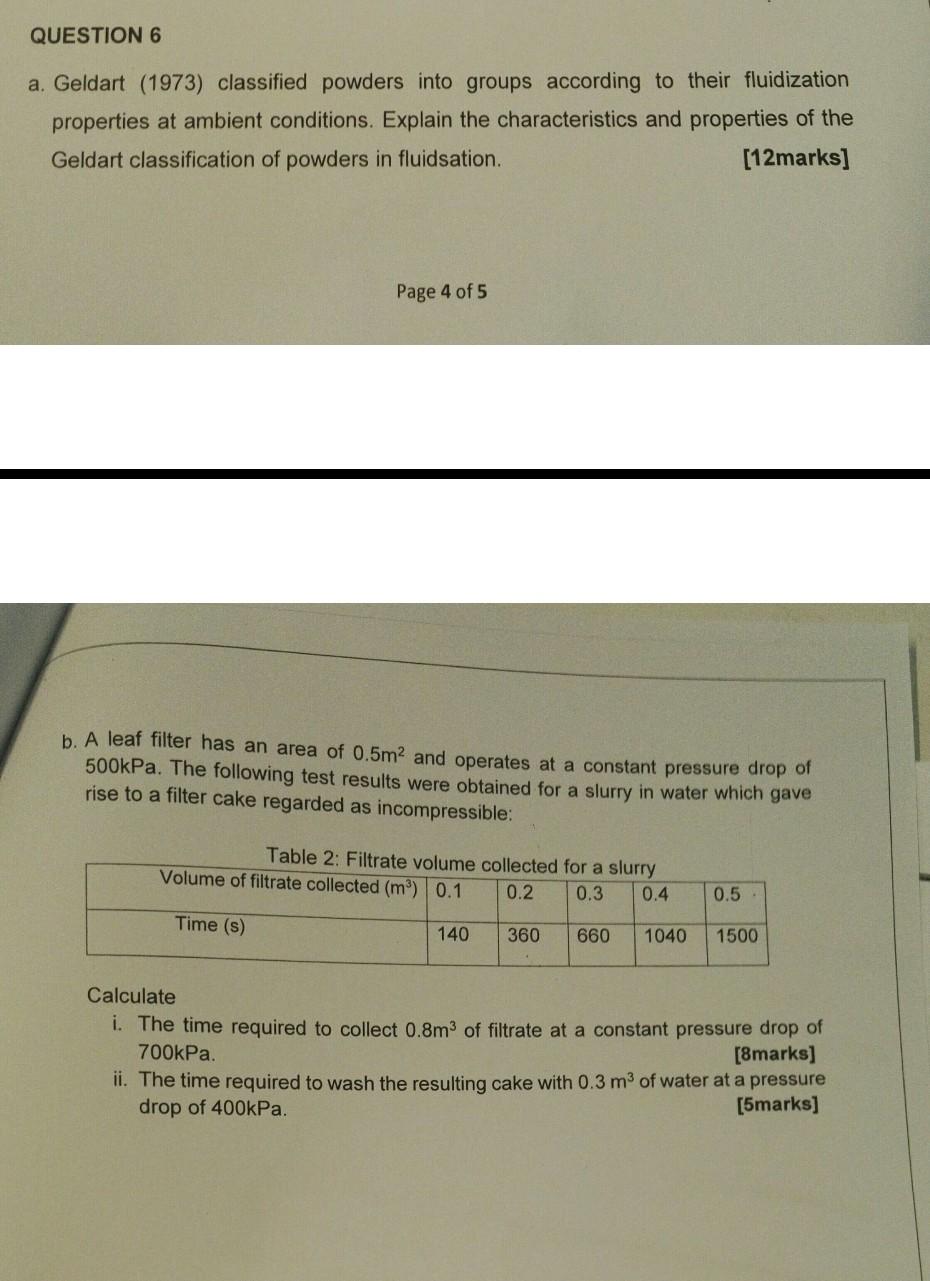 Solved QUESTION 6 a. Geldart (1973) classified powders into | Chegg.com