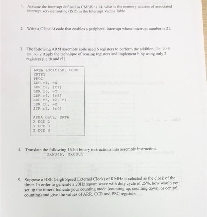 1. Assume the interrupt defined in CMSIS is 14. what | Chegg.com