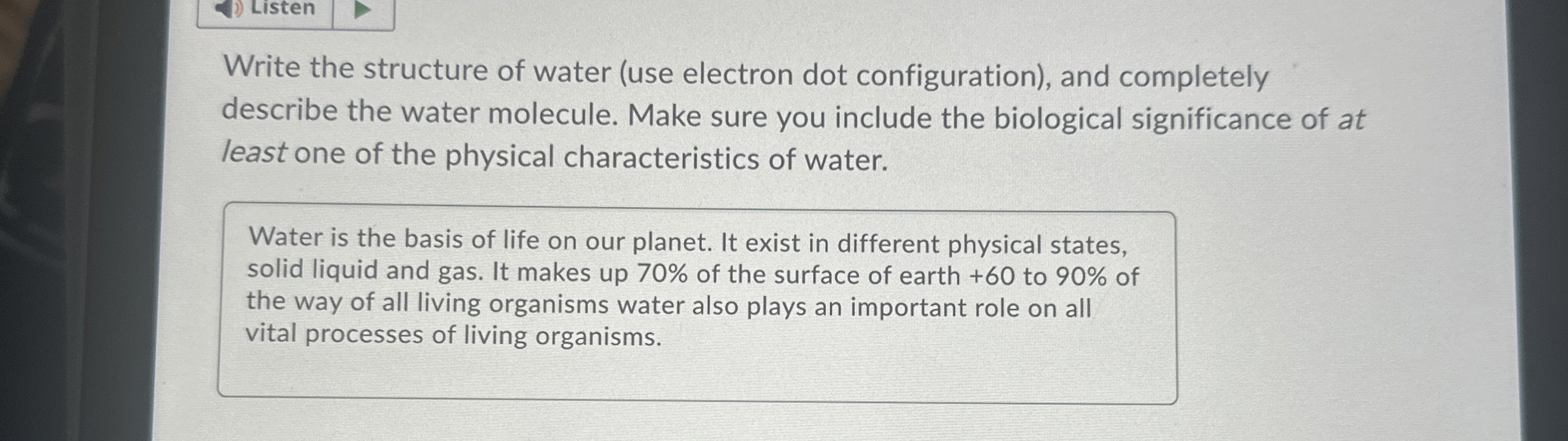 Solved ListenWrite the structure of water (use electron dot | Chegg.com