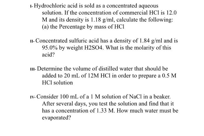 Solved 1- Hydrochloric acid is sold as a concentrated | Chegg.com