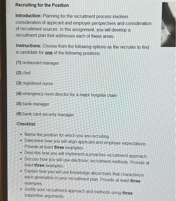 Solved Recruiting for the Position Introduction: Planning | Chegg.com