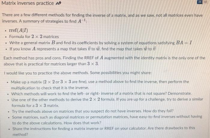 Solved 28 32 Matrix inverses practice A There are a few | Chegg.com