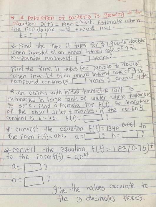 Solved * A population of bacteria is growing to the equation | Chegg.com