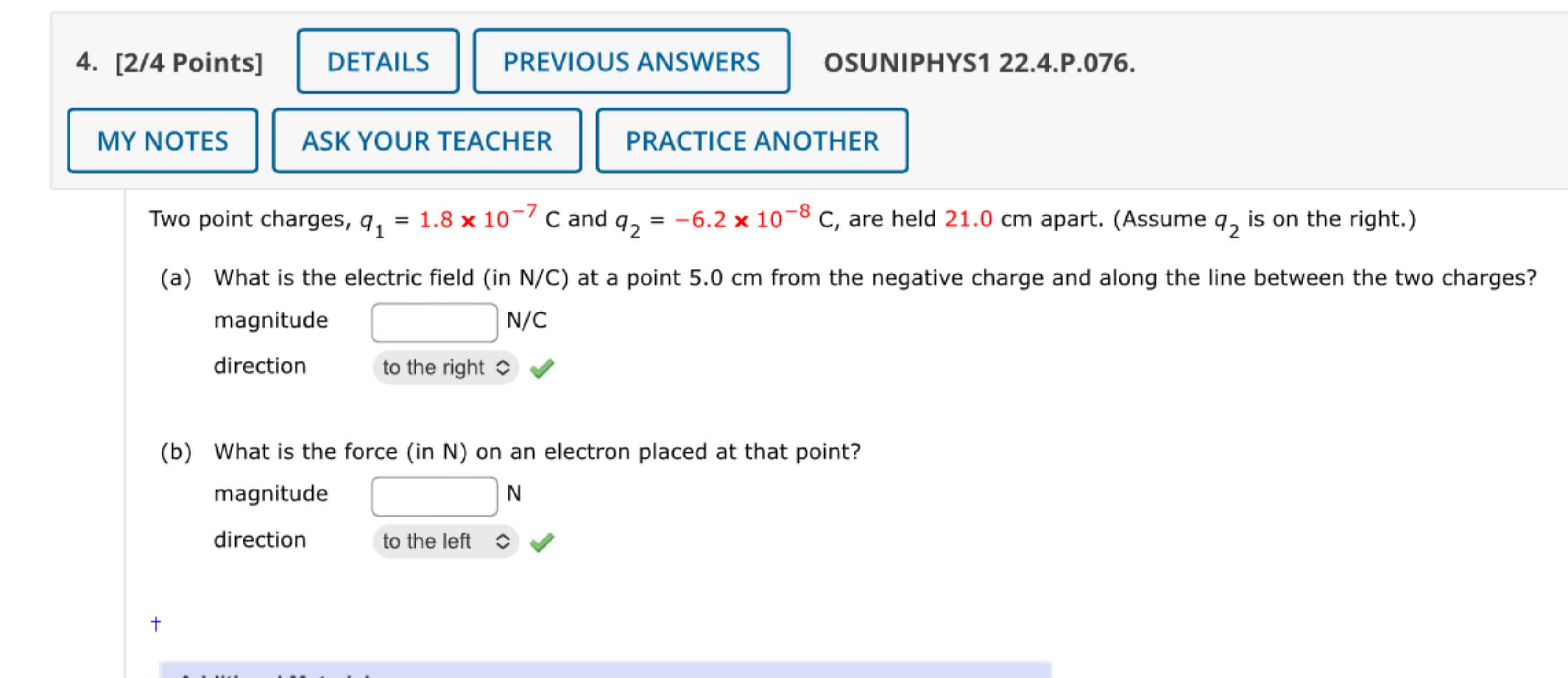 Solved Two point charges, q1=1.8×10-7C ﻿and q2=-6.2×10-8C, | Chegg.com