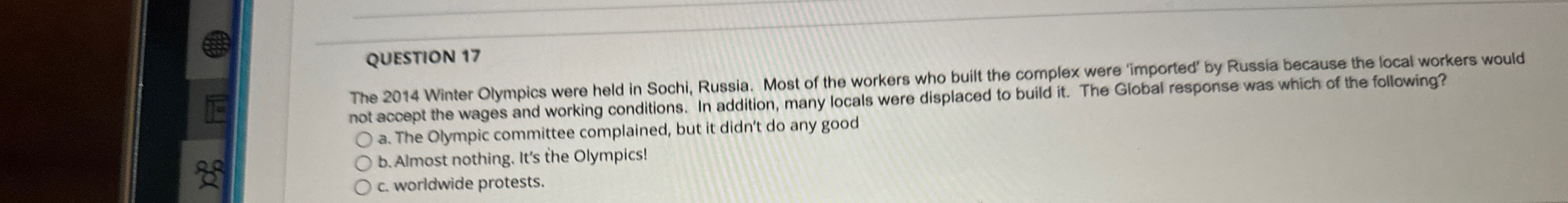 Solved QUESTION 17The 2014 ﻿Winter Olympics were held in | Chegg.com