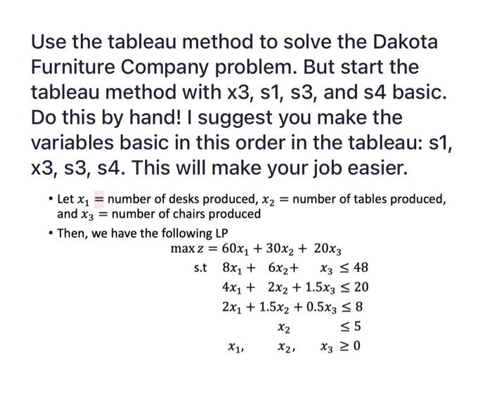 Solved Use the tableau method to solve the Dakota Furniture | Chegg.com