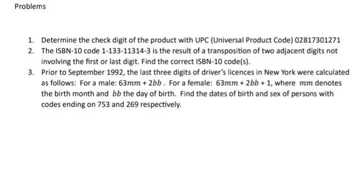 Solved 1. Determine the check digit of the product with UPC | Chegg.com