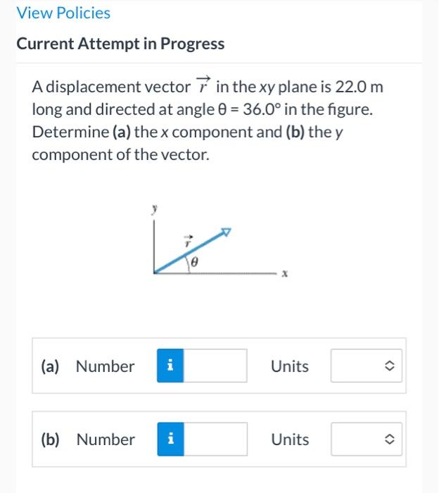 Solved A displacement vector r in the xy plane is 22.0 m | Chegg.com