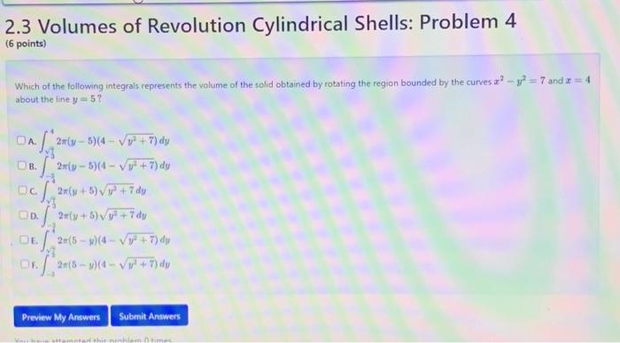 Solved 2.3 Volumes of Revolution Cylindrical Shells: Problem | Chegg.com