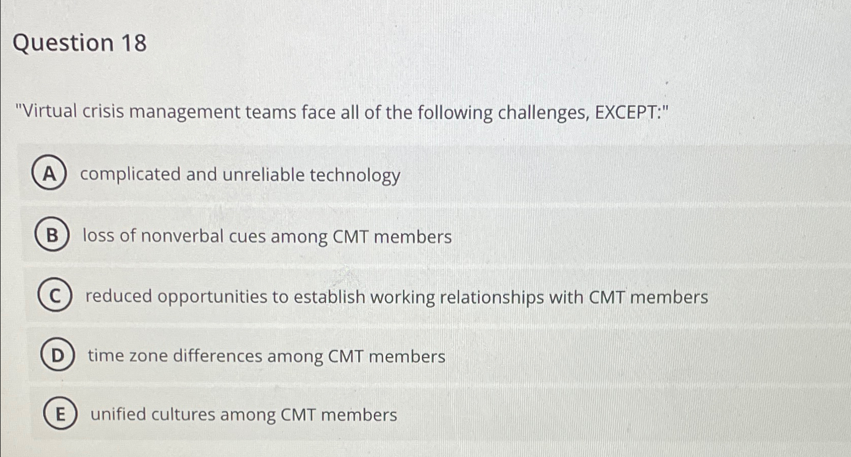 Solved Question 18"Virtual crisis management teams face all | Chegg.com