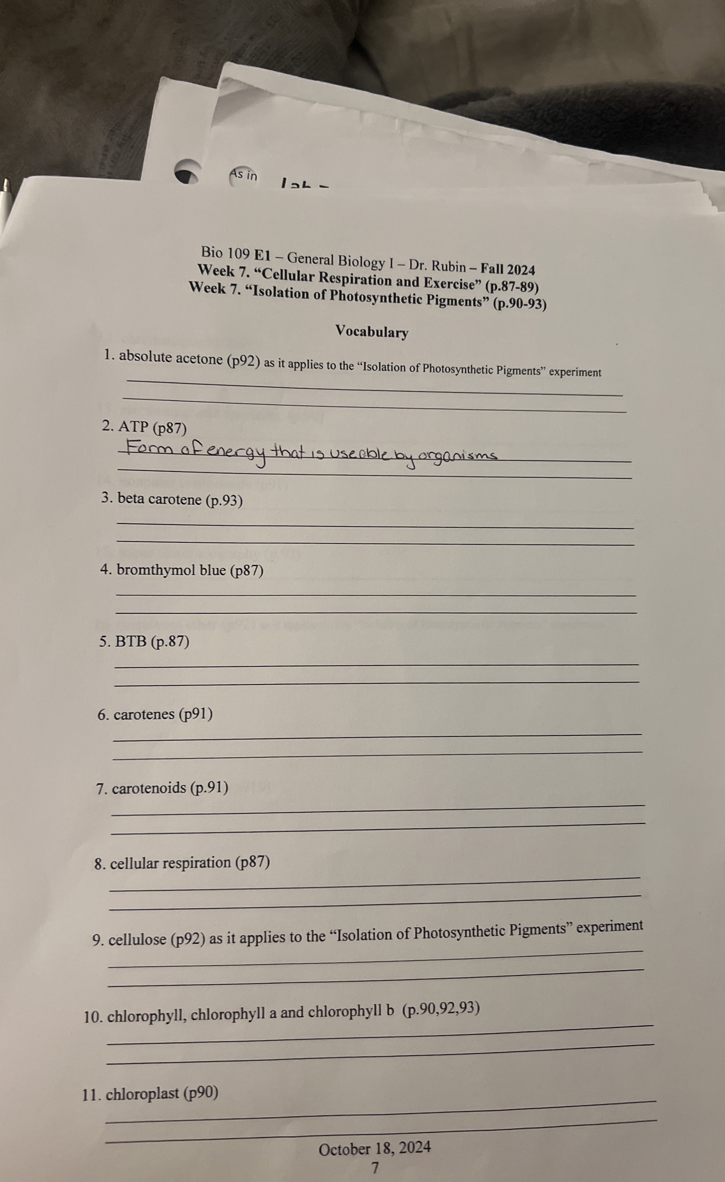 Solved Bio 109 ﻿E1 - ﻿General Biology I - ﻿Dr. ﻿Rubin - | Chegg.com
