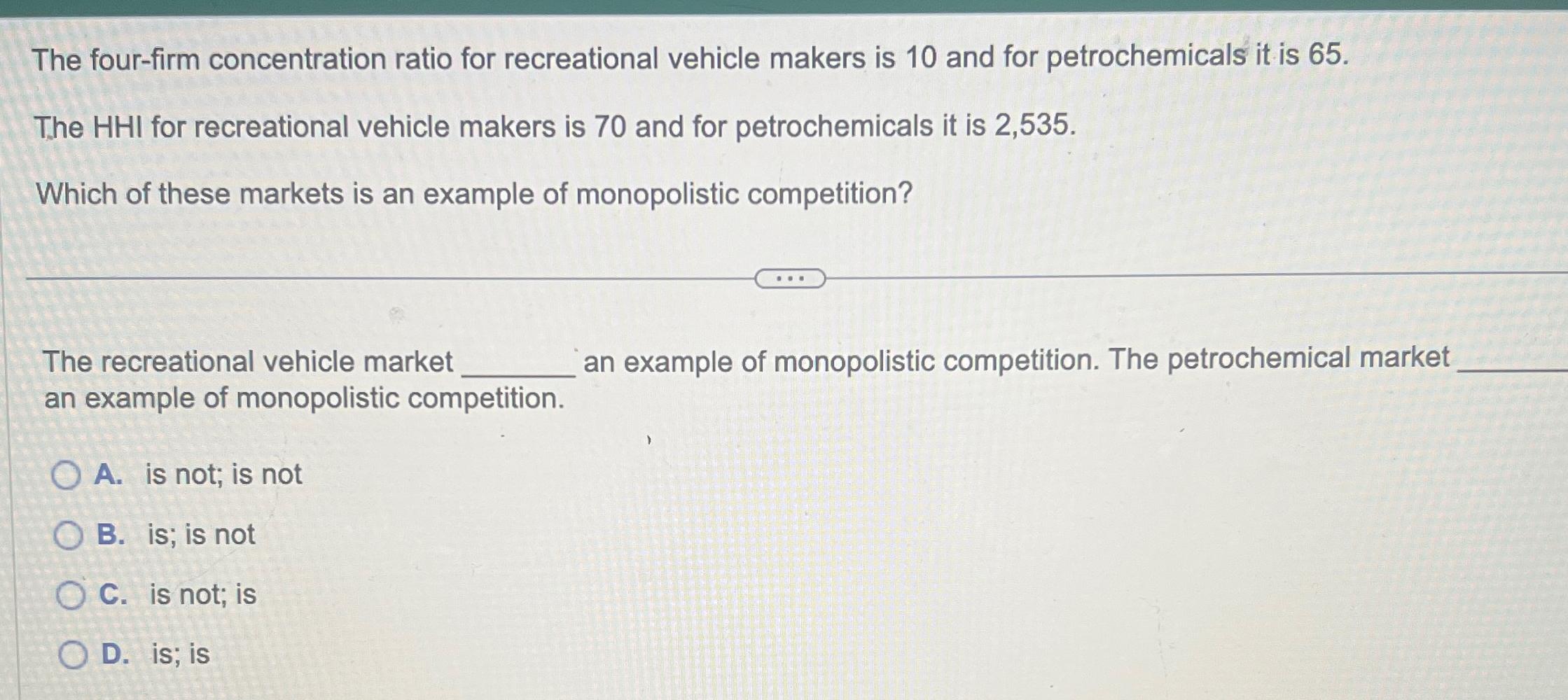Solved The four-firm concentration ratio for recreational | Chegg.com