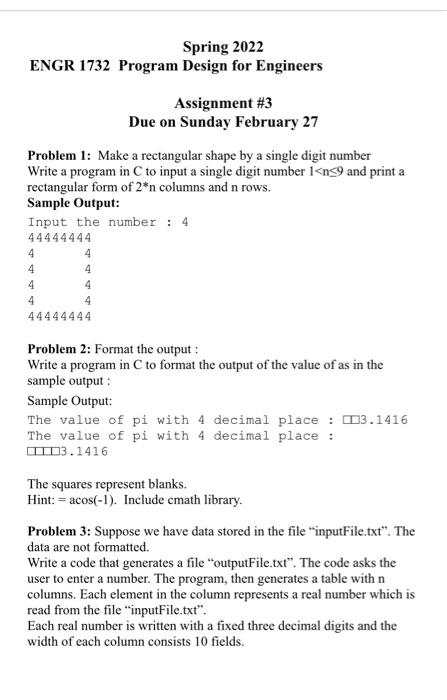 Solved Spring 2022 ENGR 1732 Program Design for Engineers | Chegg.com