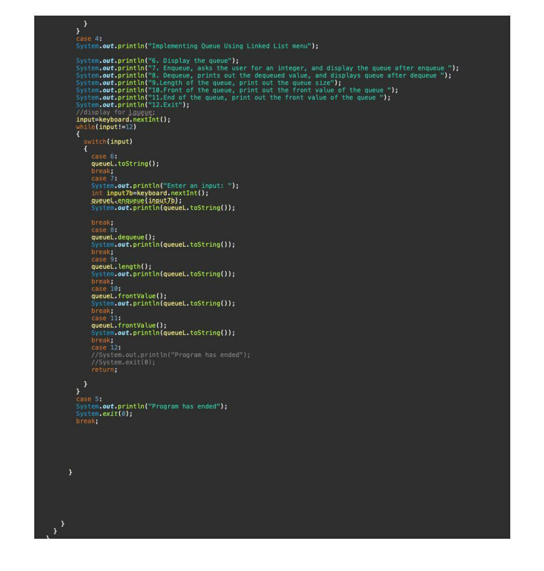 Solved } case 4: System.out.println("Implementing Queue | Chegg.com