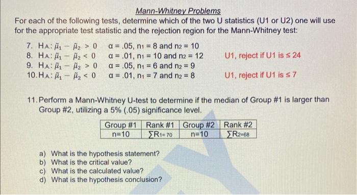 Solved Mann-Whitnev Problems For each of the following | Chegg.com