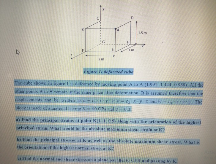 Solved C D B A 1.5 m H E 1 m Z 2 m Figure 1: deformed cube | Chegg.com
