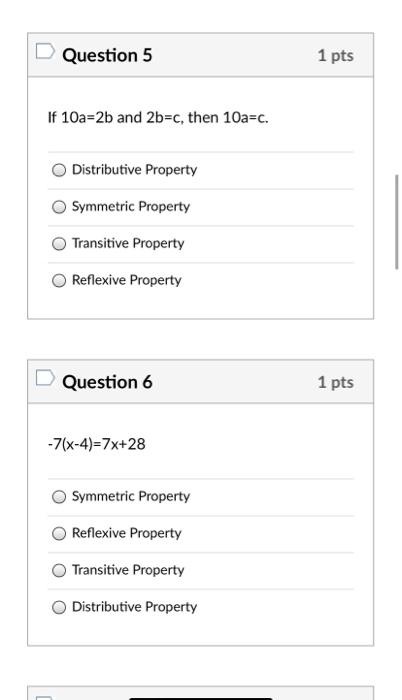 Solved Question 5 1 pts If 10a=2b and 2b=c, then 10a=c. | Chegg.com