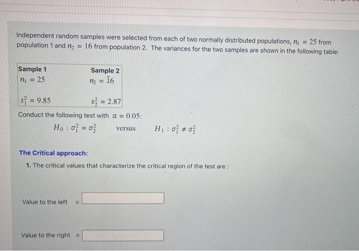 Solved Independent random samples were selected from each of | Chegg.com