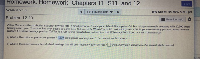 Solved Save Homework Homework Chapters 11 S11 And 12