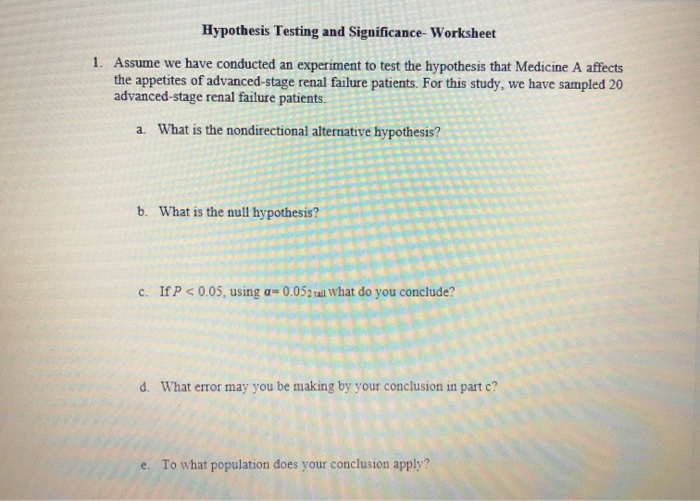Solved Hypothesis Testing and Significance- Worksheet 1. | Chegg.com