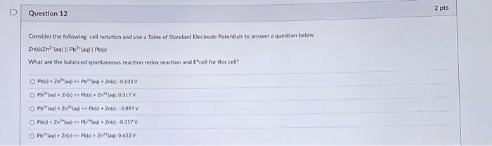 Solved Consider the following cell notation and use a Table | Chegg.com