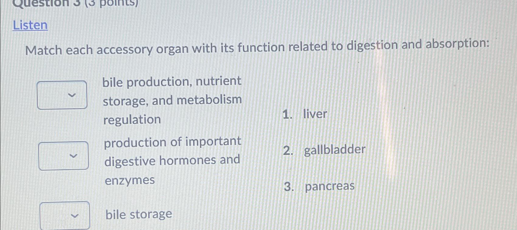 Solved ListenMatch each accessory organ with its function | Chegg.com